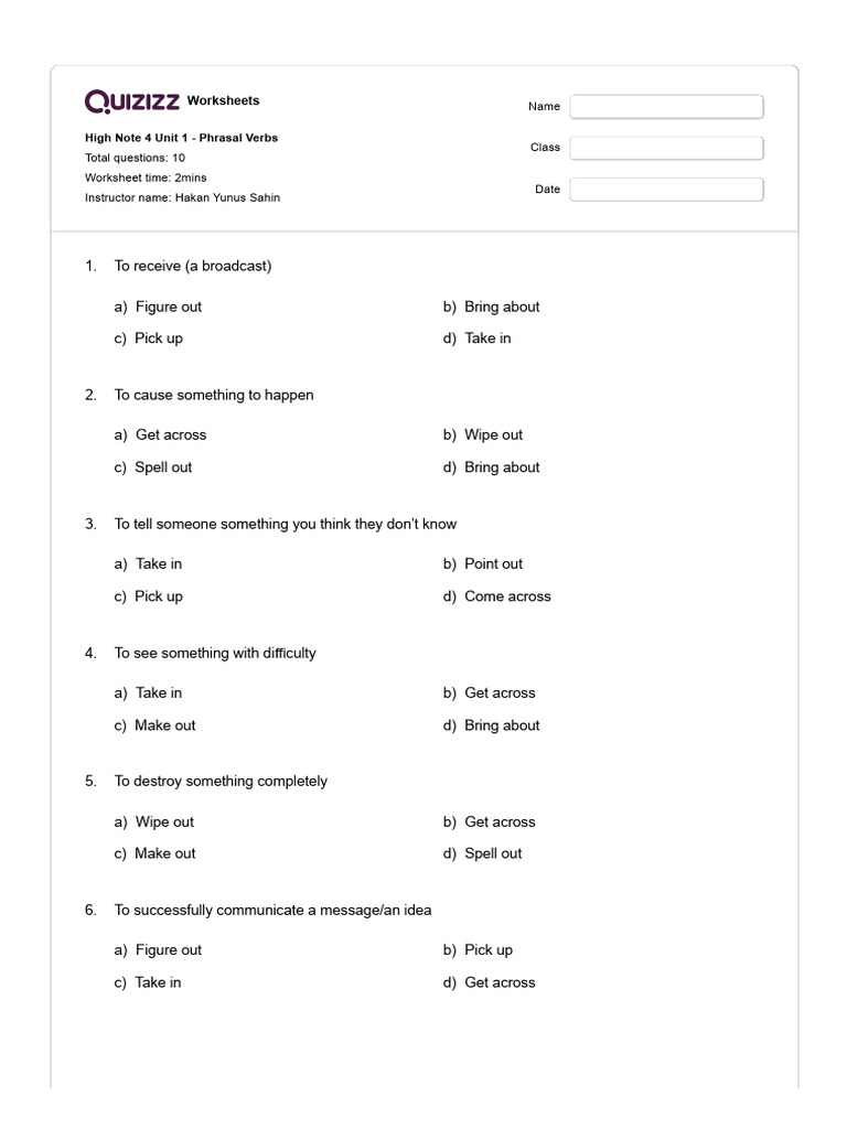 High Note 4 Unit 1 Phrasal Verbs Quiz | PDF