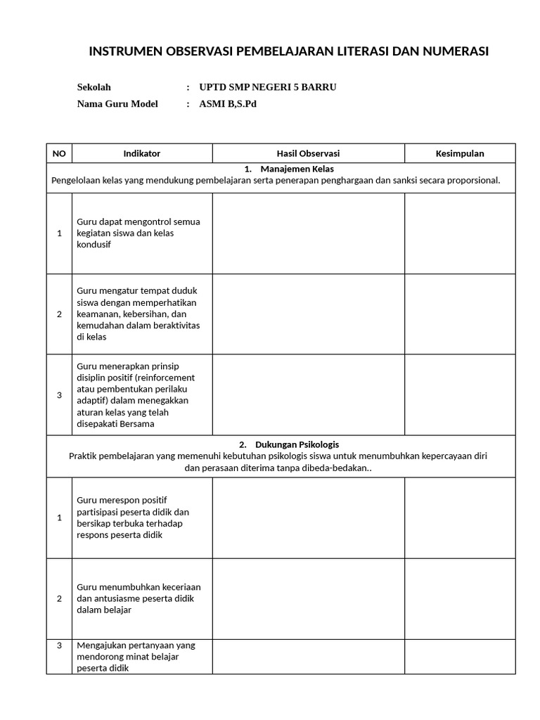 Instrumen Observasi Pembelajaran Leterasi Numerasi | PDF | Karier & Perkembangan