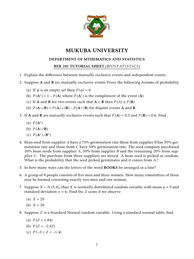 Ber 201 Tutorial Sheet-1 | PDF | Statistical Analysis | Teaching Mathematics