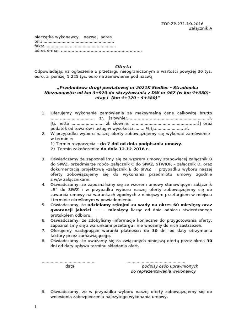 Zal A Formularz Oferty (16) Nieznanowice | PDF