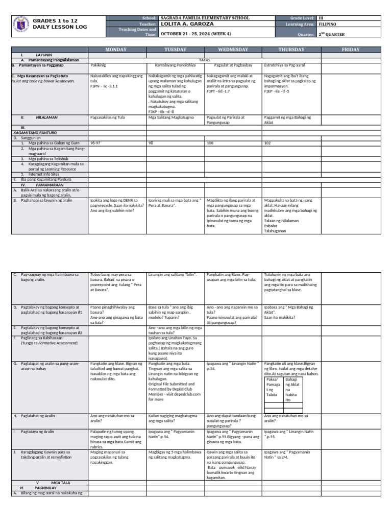 DLL - Filipino 3 - Q2 - W4 | PDF
