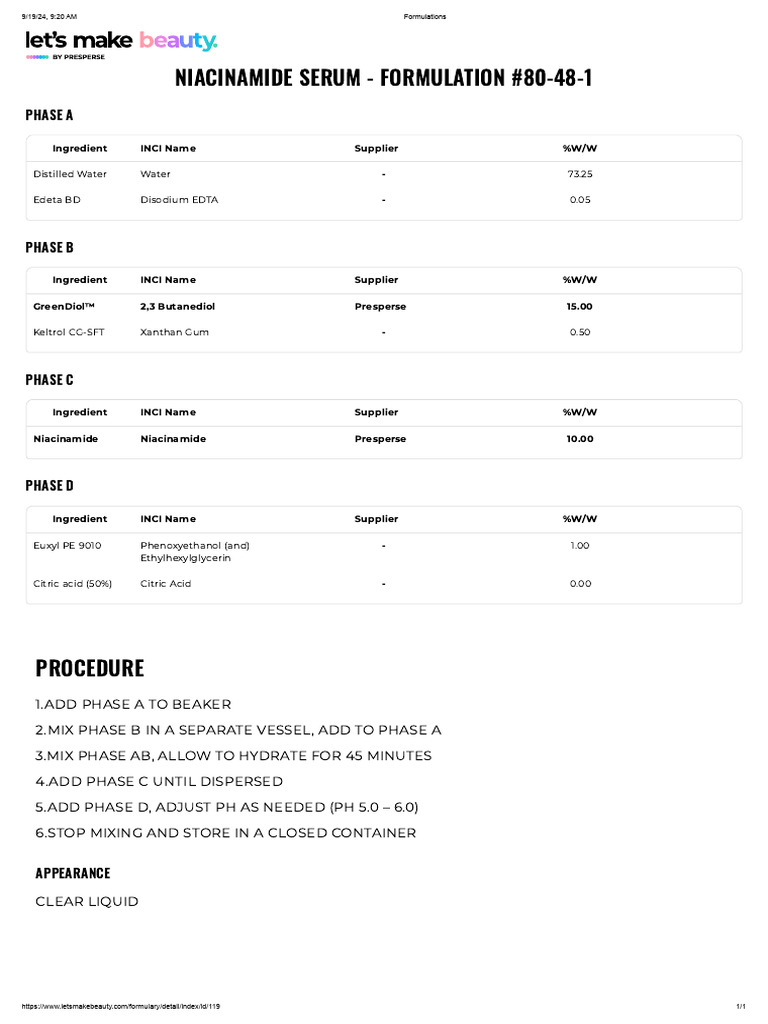 Niacinamide Serum Formulation Guide | PDF