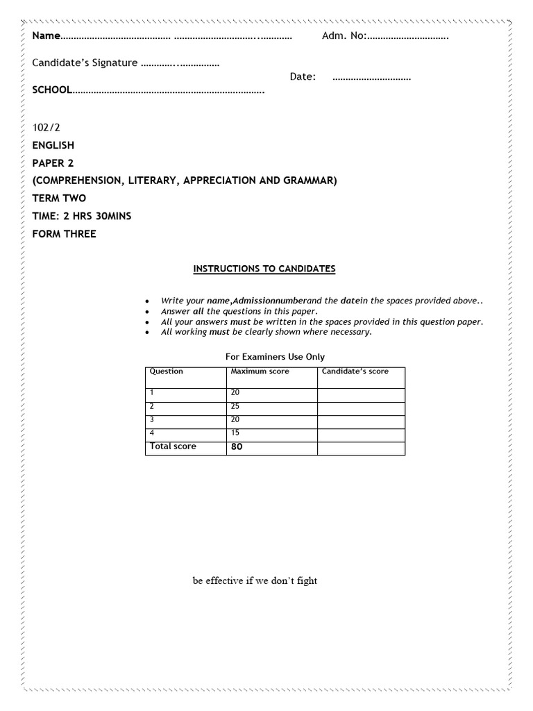 English Paper 2 Questions Form 3 Term 2 Exams 2017 | PDF