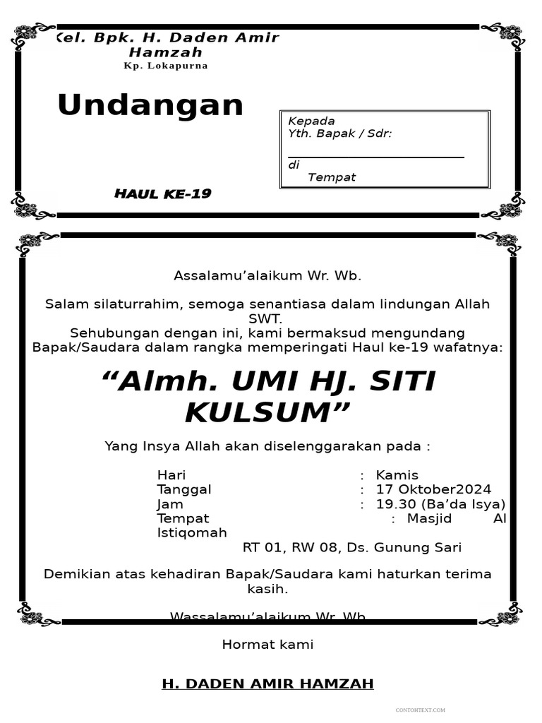 Undangan Tahlil Haul Umi HJ Siti Kulsum | PDF