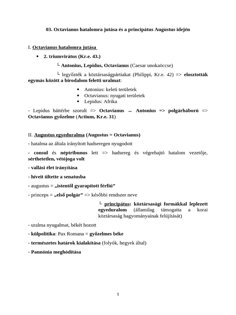 Octavianus Hatalomra Jutása, És A Principátus Augustus Idején | PDF