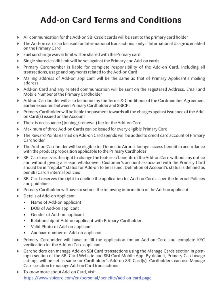 Card addon terms | PDF | Credit Card | Service Industries