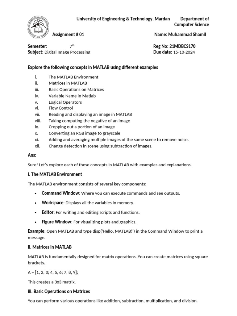 Dip Assignment No 1 21mdbs170 | PDF | Matlab | Matrix (Mathematics)