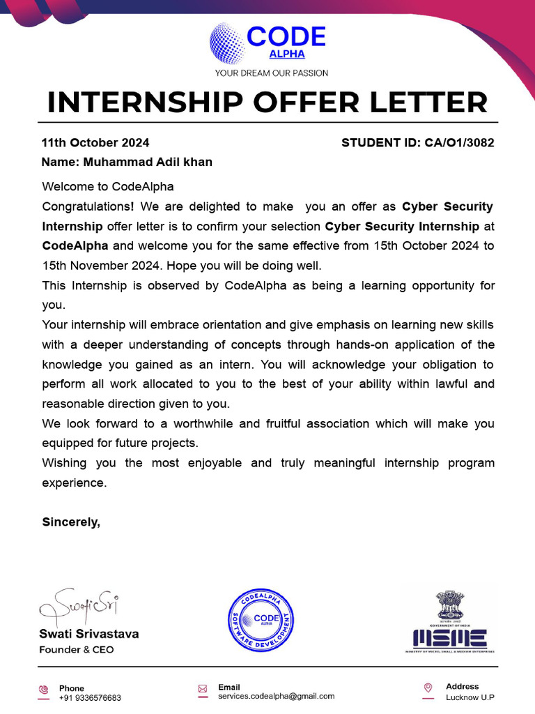 CodeAlpha Cyber Security Internship Offer | PDF
