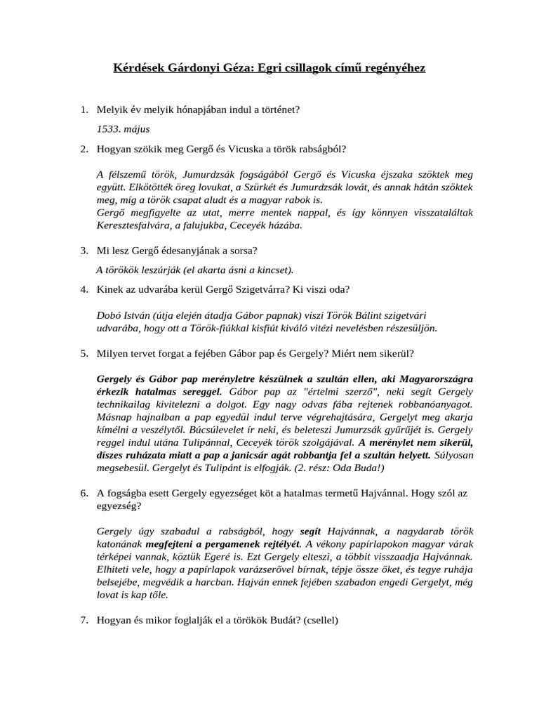 Kérdések És Válaszok Egri Csillagok | PDF