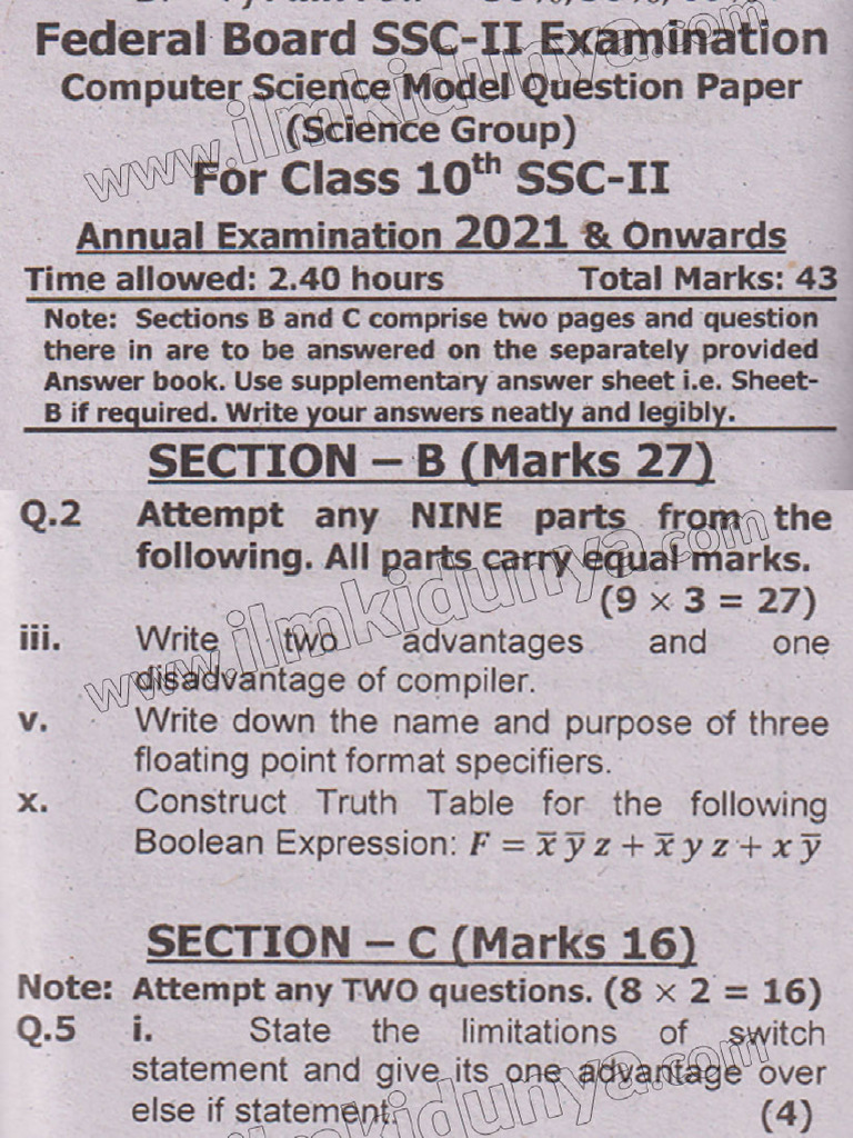 Past Paper 10th Class Federal Board Compute Science English Medium Subjective 2021 | PDF