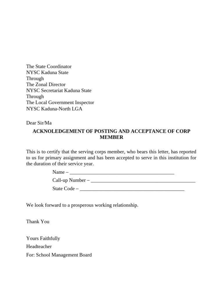 NYSC PPA Acceptance Letter Sample | PDF