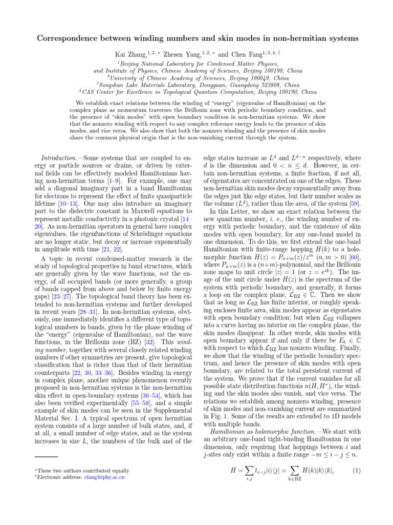Correspondence Betwee Winding Numbers and Skin Mode in NH System | PDF | Hamiltonian (Quantum ...