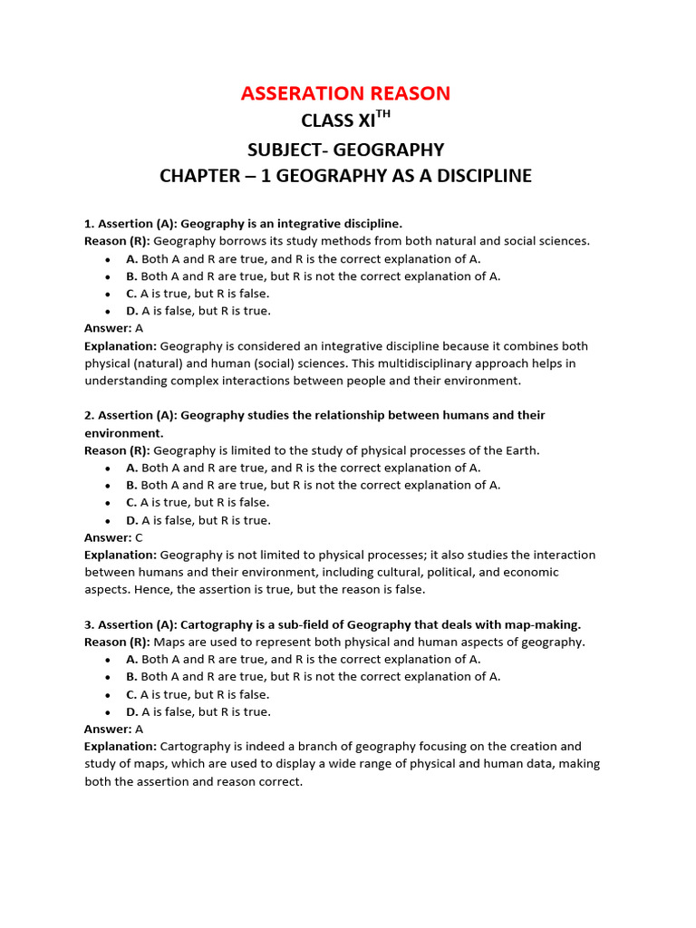 Class 11 Asseration Reason Geography CHP 1 (2024-25) | PDF | Geography ...