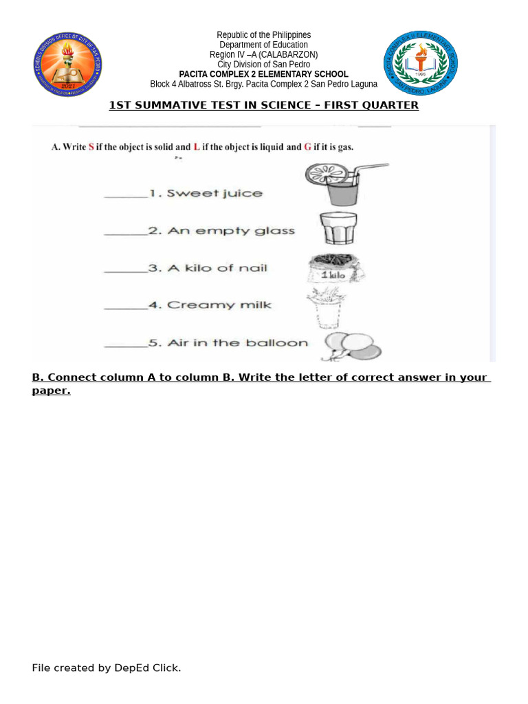 Science 3 1st Summative Test | PDF