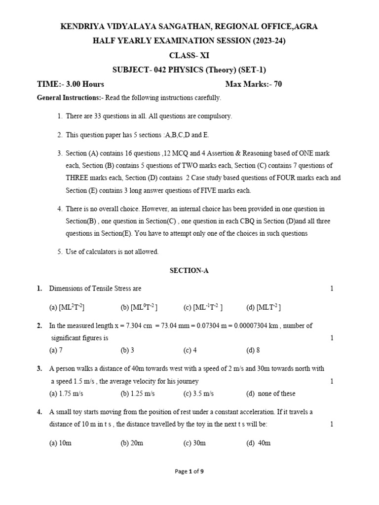 Qp Xi Phy Hy Set-1 | PDF | Force | Velocity