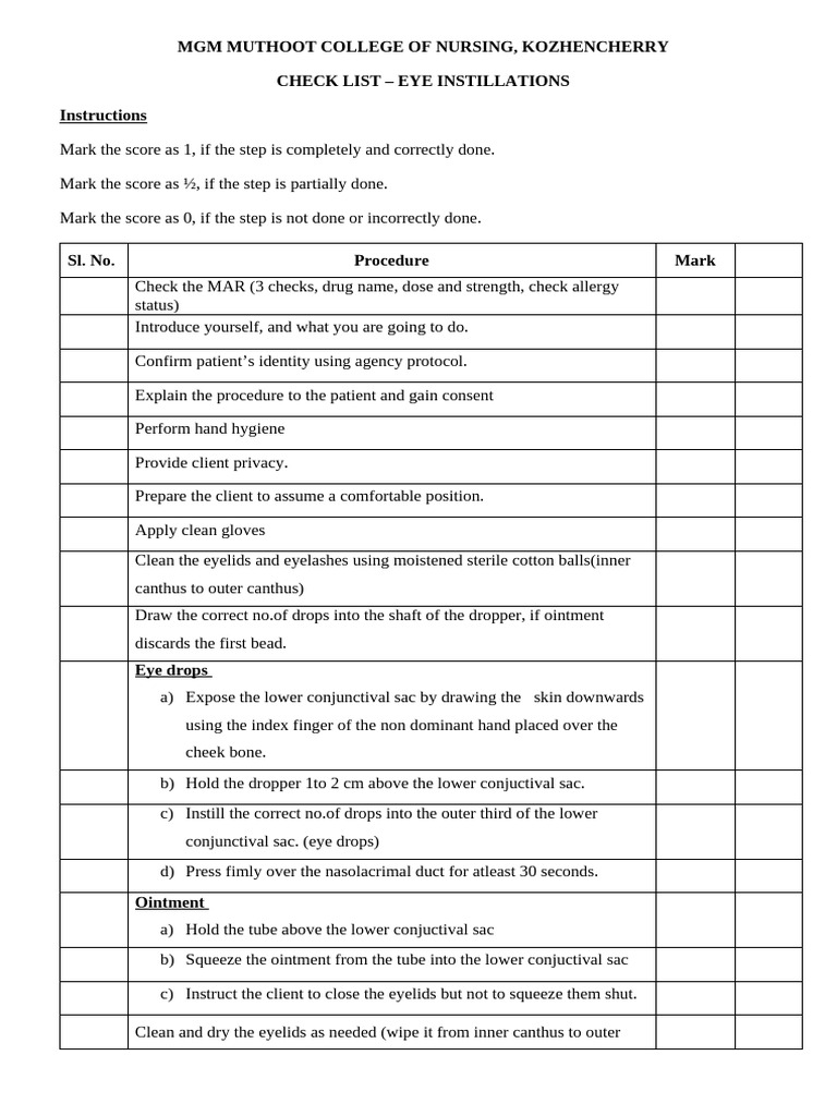 Eye Instillation Procedure Checklist | PDF | Business | Science ...