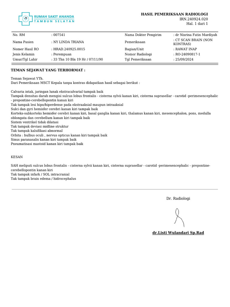 Hasil Radiologi CT - Scan Ny. Linda | PDF