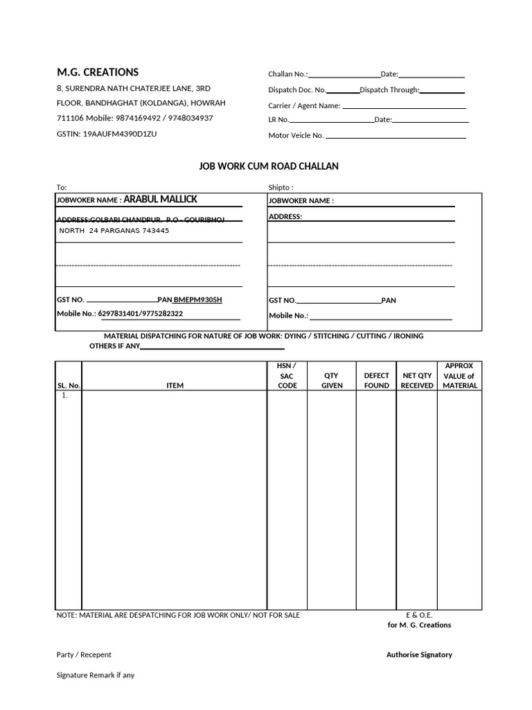 Job Work Bill Format ARABUL MALLICK | PDF