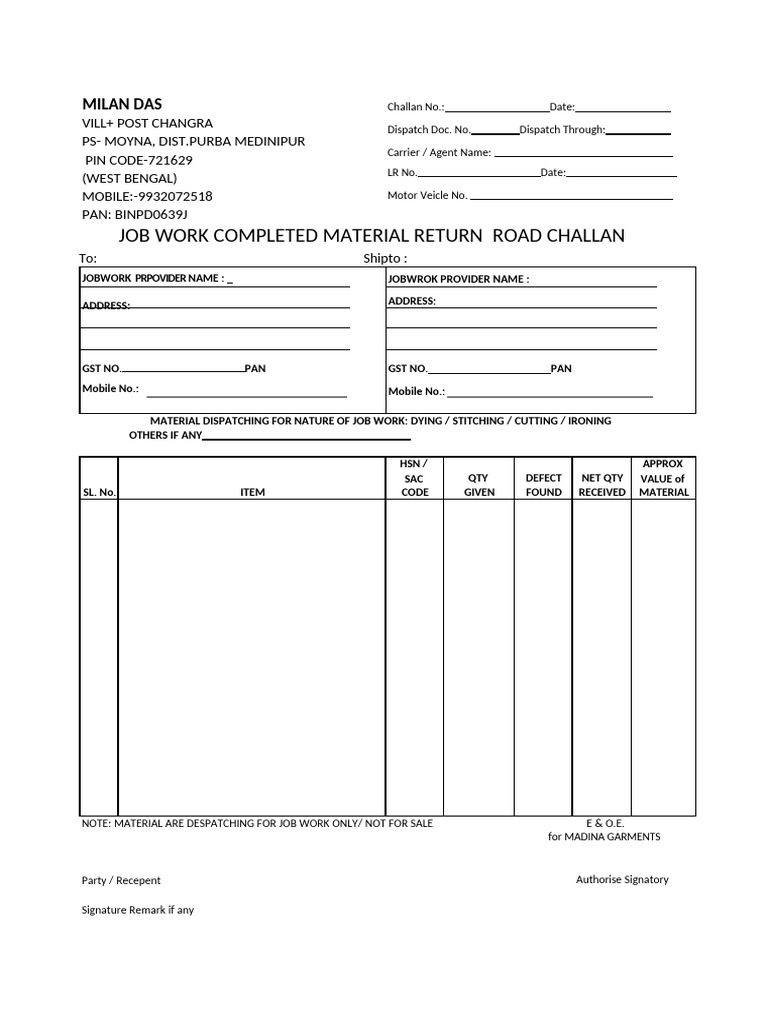 Job Work Bill Format 1 | PDF
