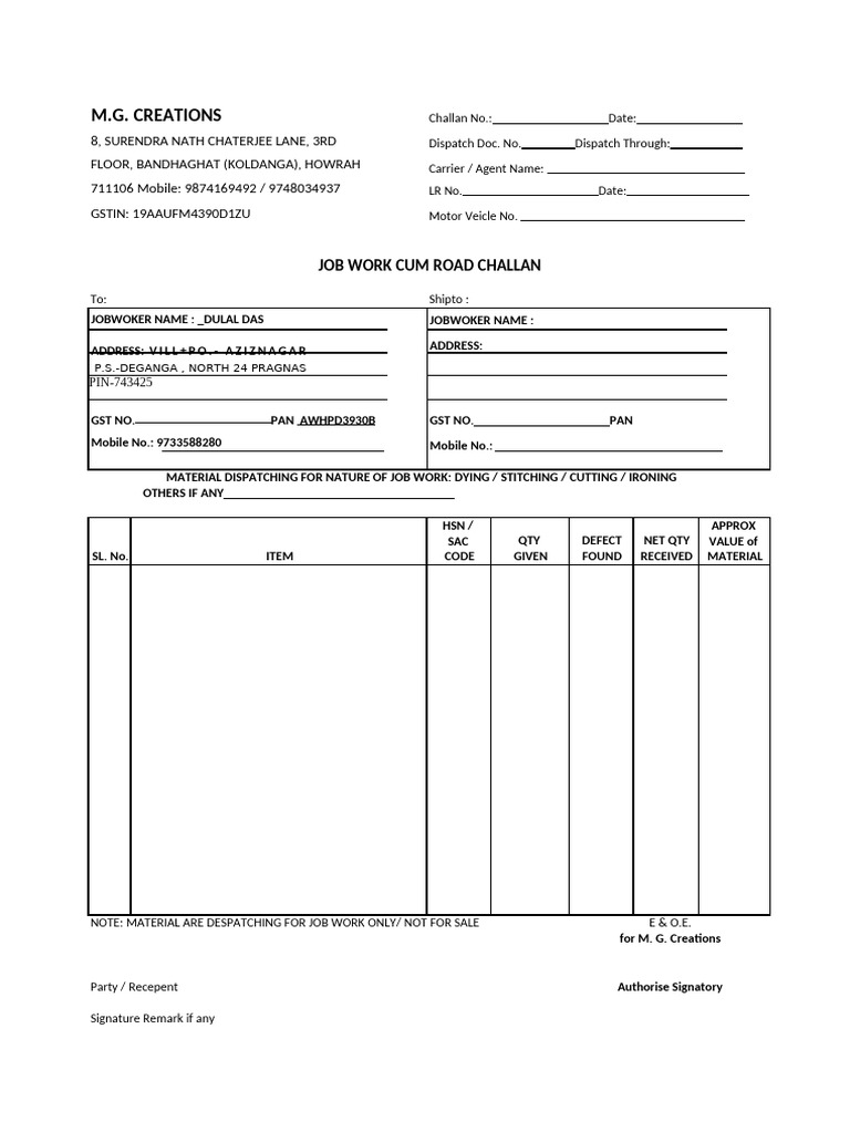 Job Work Bill Format DULALA | PDF