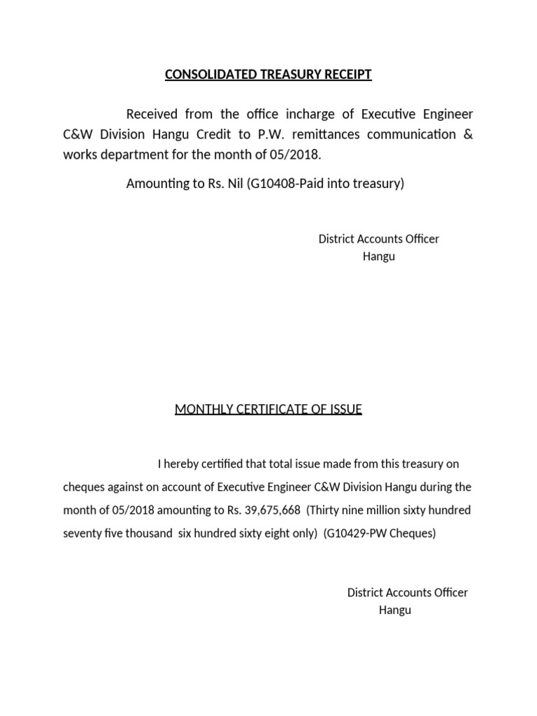 Consolidated Treasury Receipt and Payment 26-51 Certificate | PDF ...