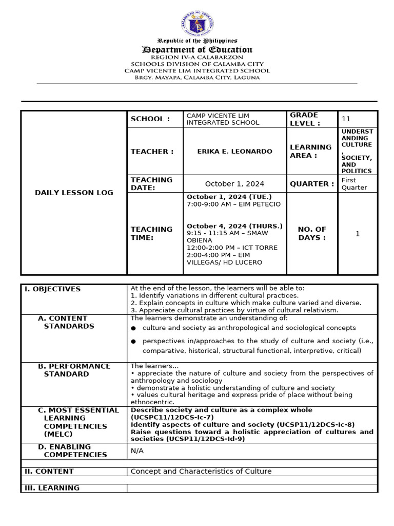 Grade 11 Culture and Society Lesson Plan | PDF | Learning | Behavioural Sciences
