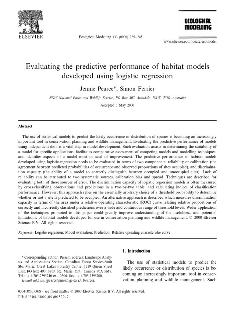 Evaluating The Predictive Performance of Habitat Models Developed Using Logistic Regression ...