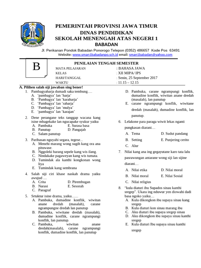 Soal Mid B SMT 1 Kls 12 Tahun 17-18 | PDF