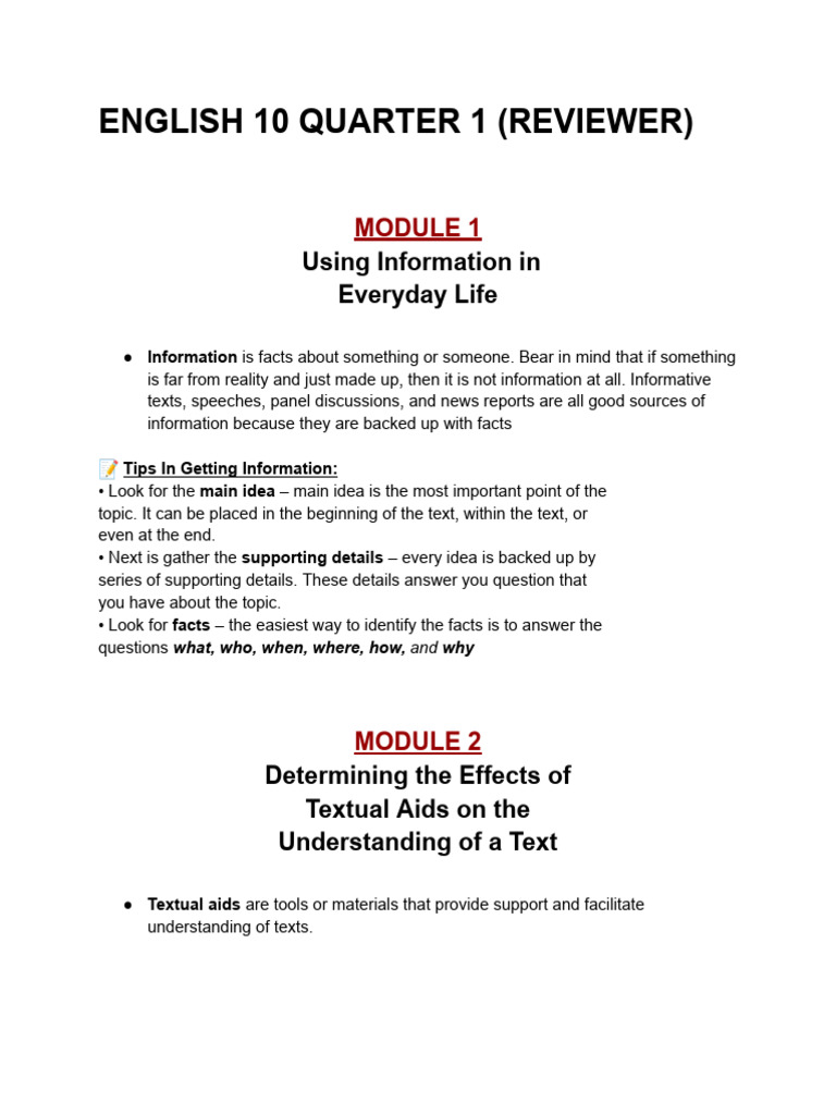 English 10 Quarter 1 Reviewer - 065048 | PDF | Plot (Narrative) | Idea