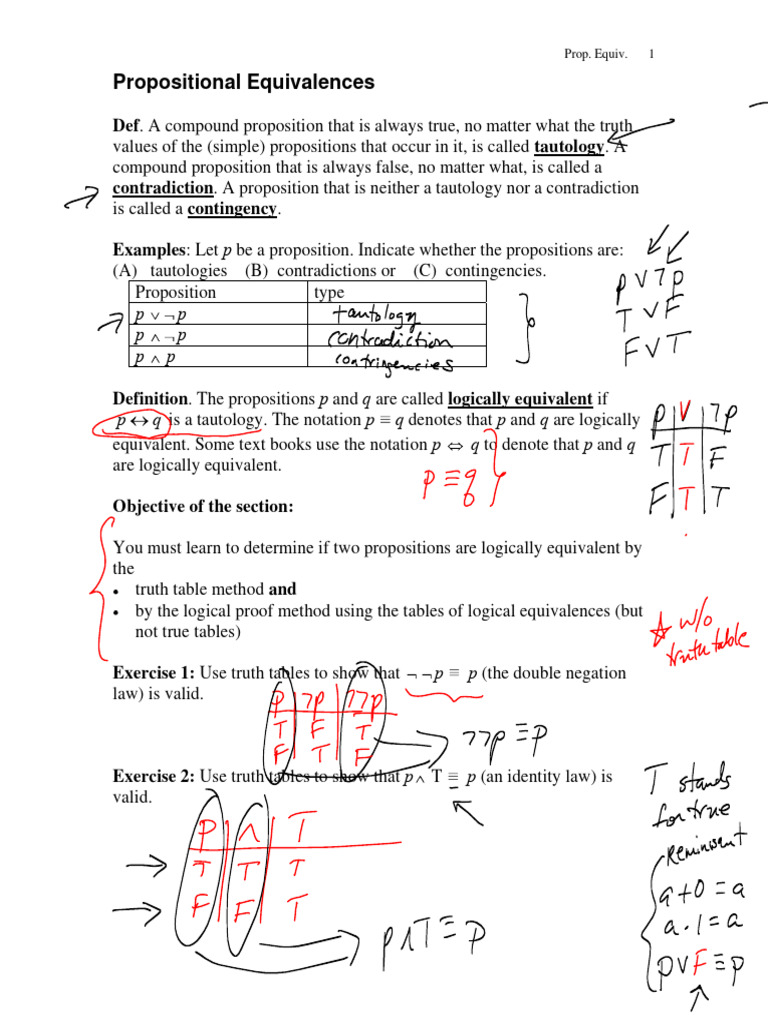 Propositional Equivalences and Laws | PDF | Contradiction | Syntax (Logic)