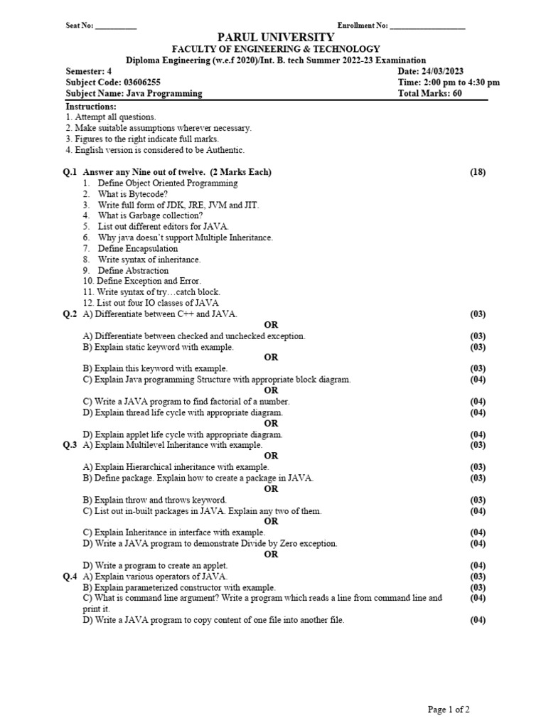 5296 - Question - Paper (Java Program 4th Sem) | PDF