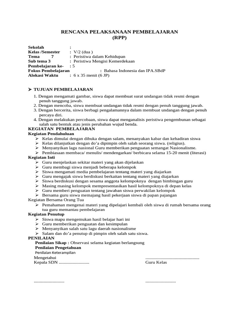 RPP 1 Lembar Kelas 5 Tema 7 Subtema 3 Pembelajaran 5 | PDF | Seni & Disiplin Bahasa