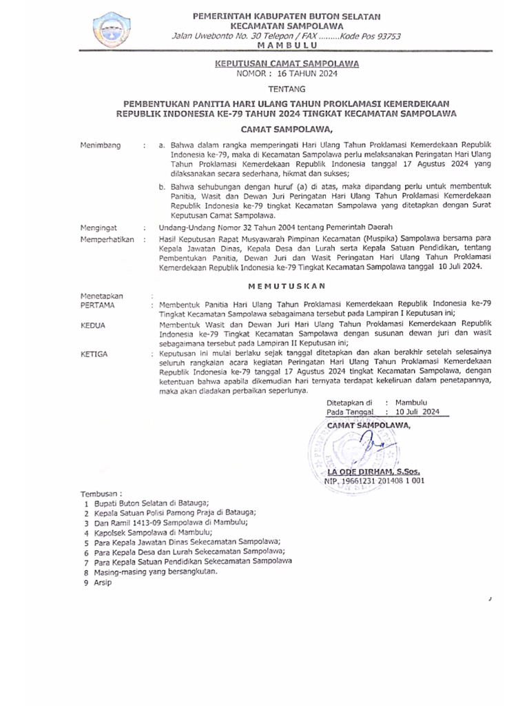 SK Panitia, Wasit Dan Juri Hut Ri Ke-79 Tingkat Kecamatan Sampolawa ...