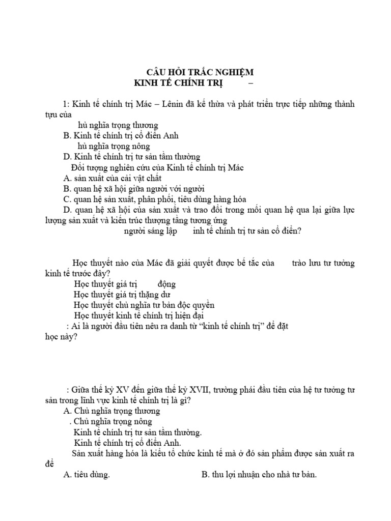 Mot So Mau Cau Hoi Trac Nghiem Hoc Phan Kinh Te Chinh Tri Mac-Lenin 1729231092 | PDF