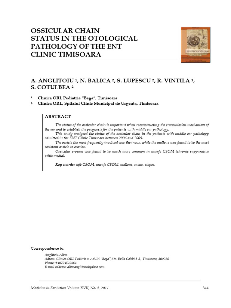 Ossicular Chain Status in The Otological Pathology of The ENT Clinic ...