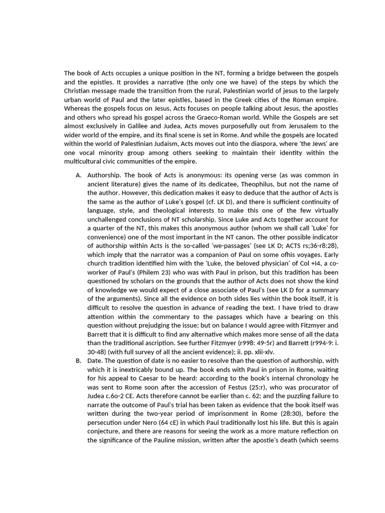 The Book of Acts Occupies A Unique Position in The NT | PDF | Acts Of ...