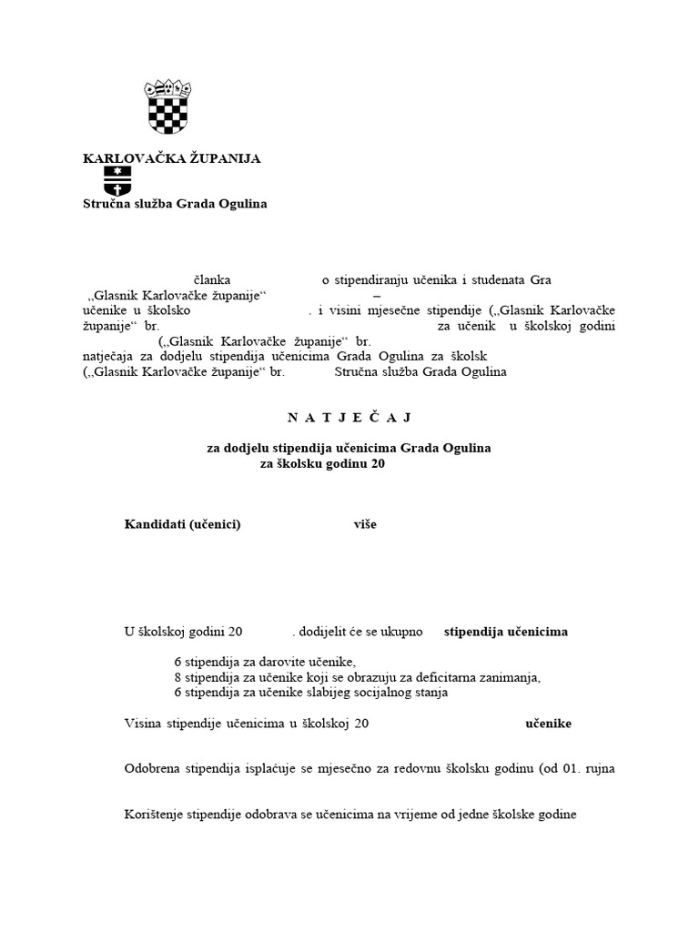 Natjecaj Za Dodjelu Stipendija Ucenicima 2024 2025 | PDF