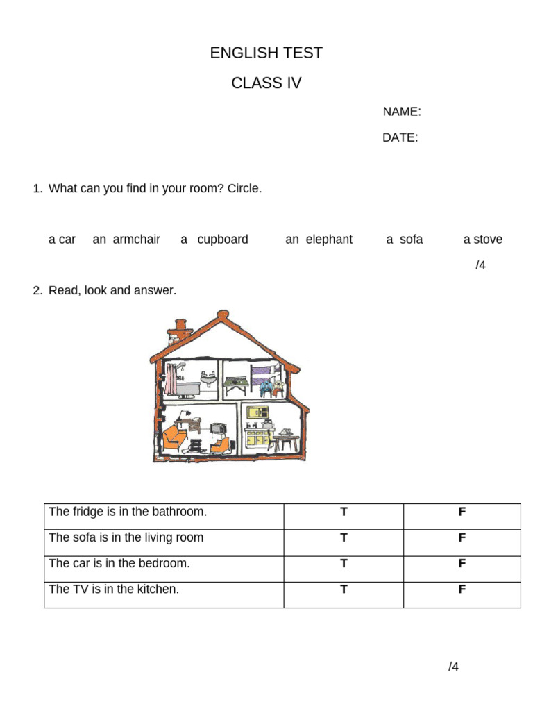 ENGLISH TEST CLASS 4 | PDF