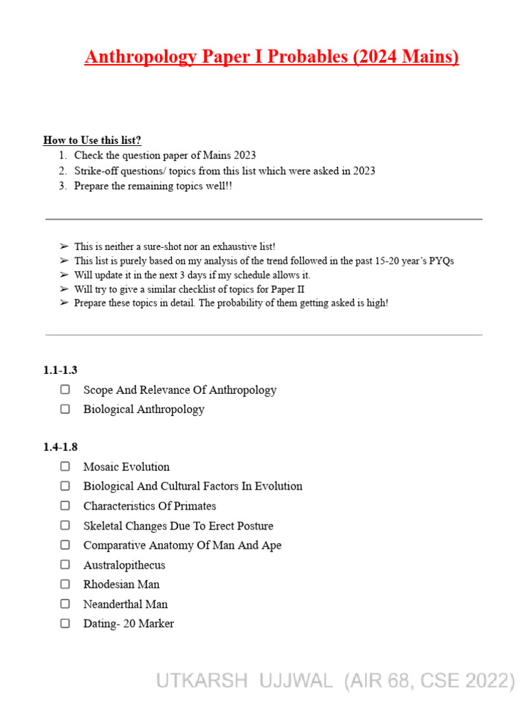 Anthropology Paper I Probables 2024 | PDF
