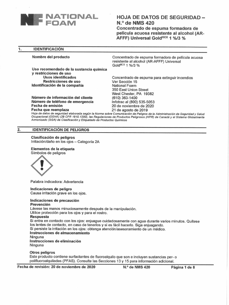 MSDS Concentrado de Espuma AR-AFFF National Foam Univerl Gold 20.11.2020 | PDF