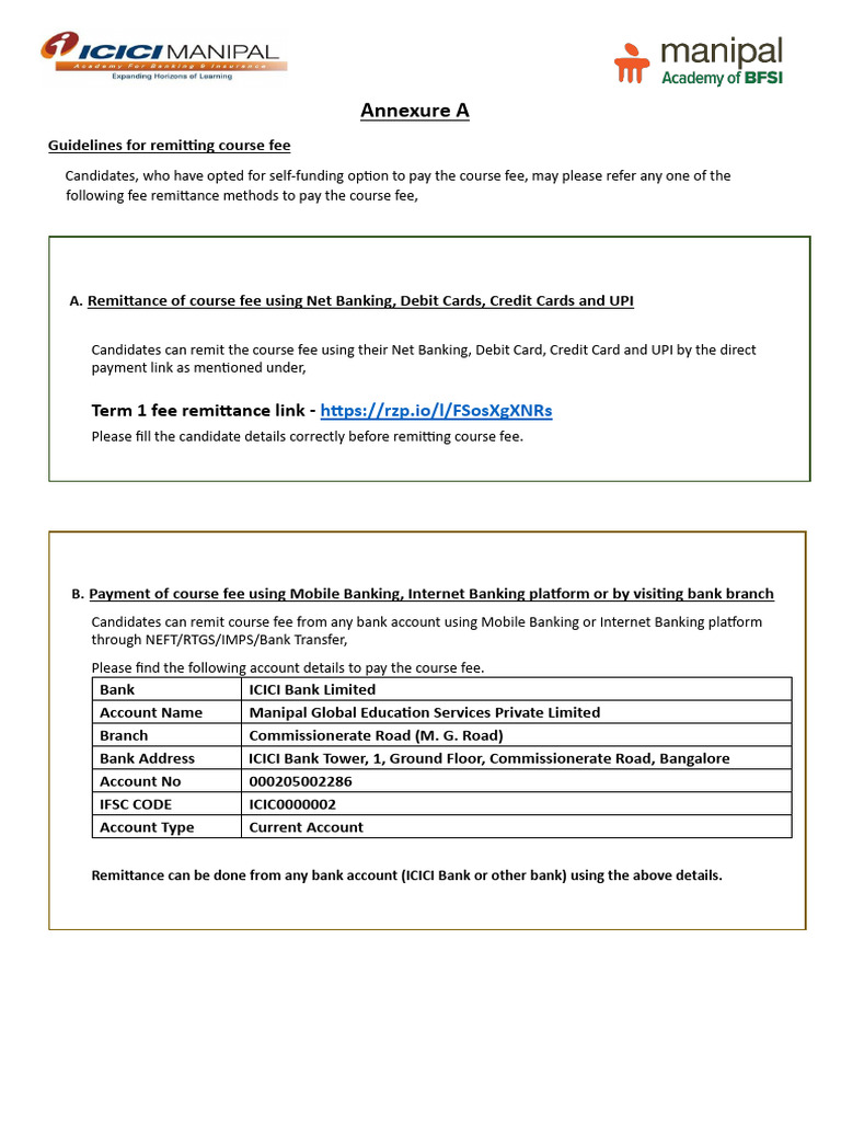 Annexure A - Course Fee Payment Guidelines | PDF | Services (Economics) | Banking