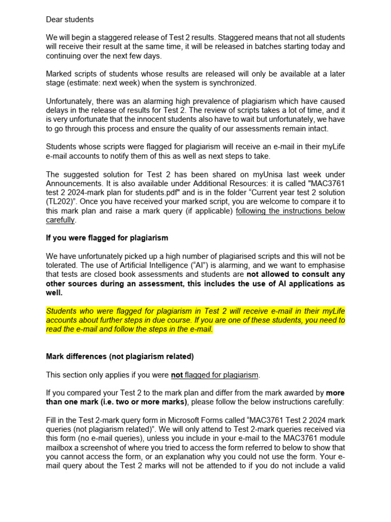 Staggered Release of Results MAC3761 Test 2 - 2024 Announcement | PDF ...
