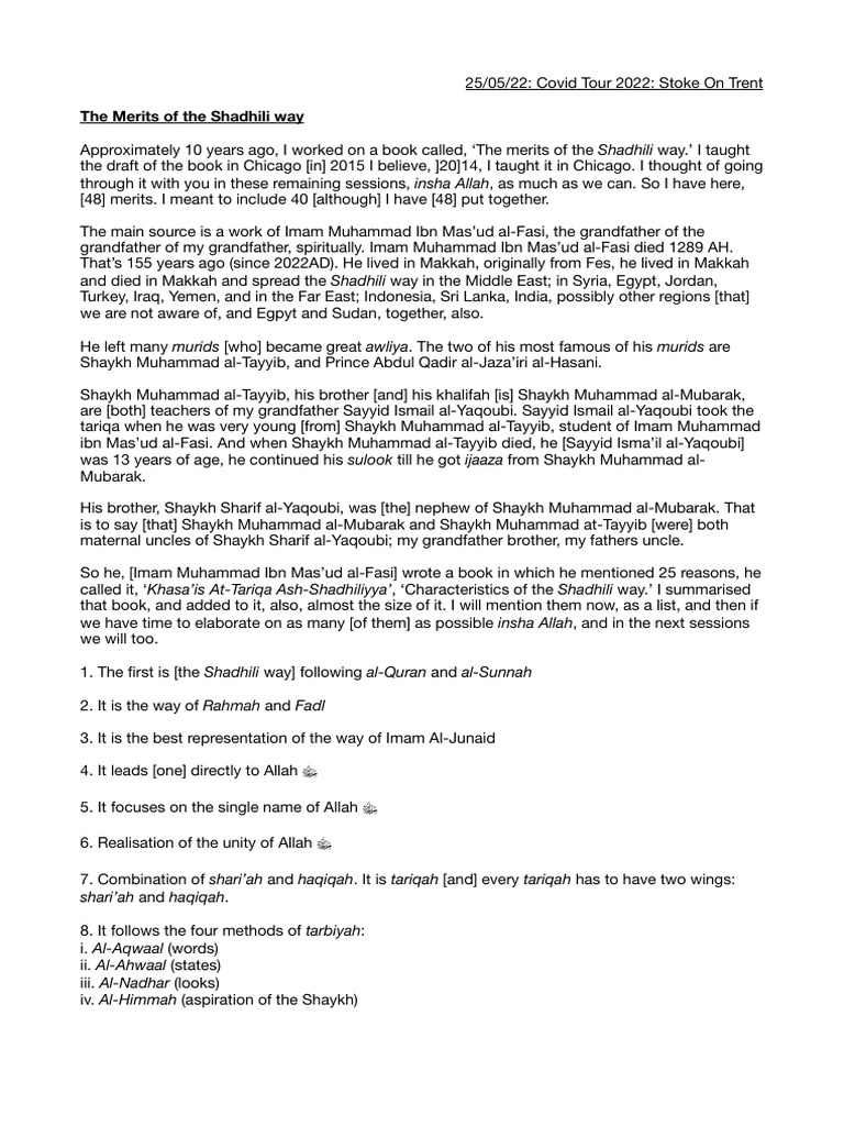Merits of Shadhili Way Proper Edited | PDF | Sharia | Islamic Philosophy