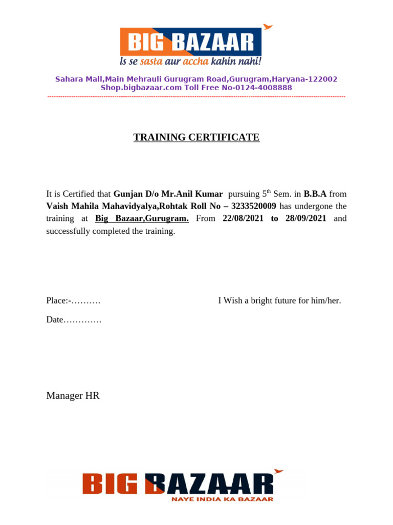 Training Certificate Big Bazar | PDF