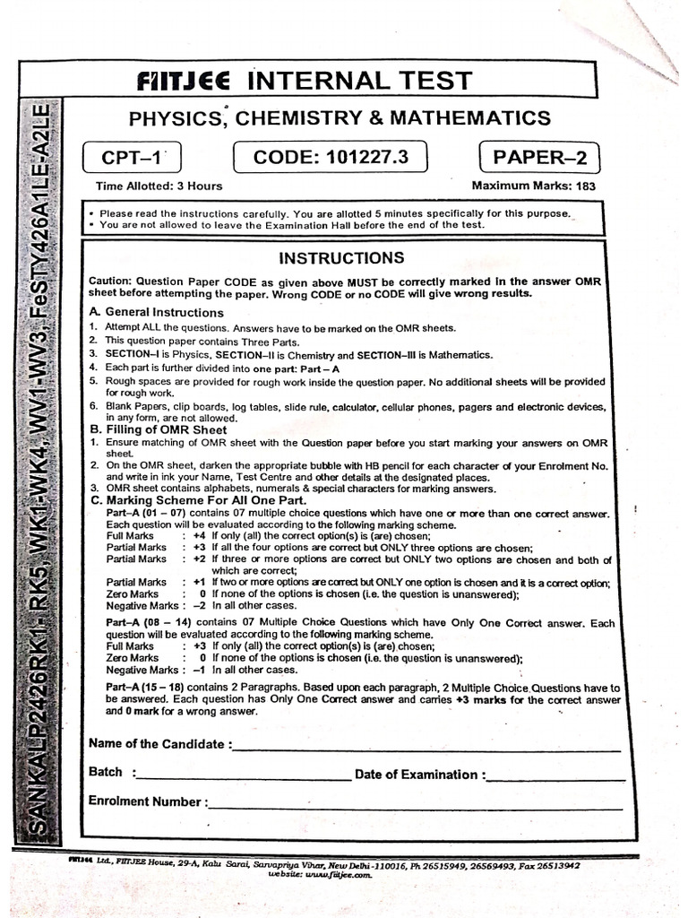Fiitjee Phase Test-1 Paper - 2 | PDF