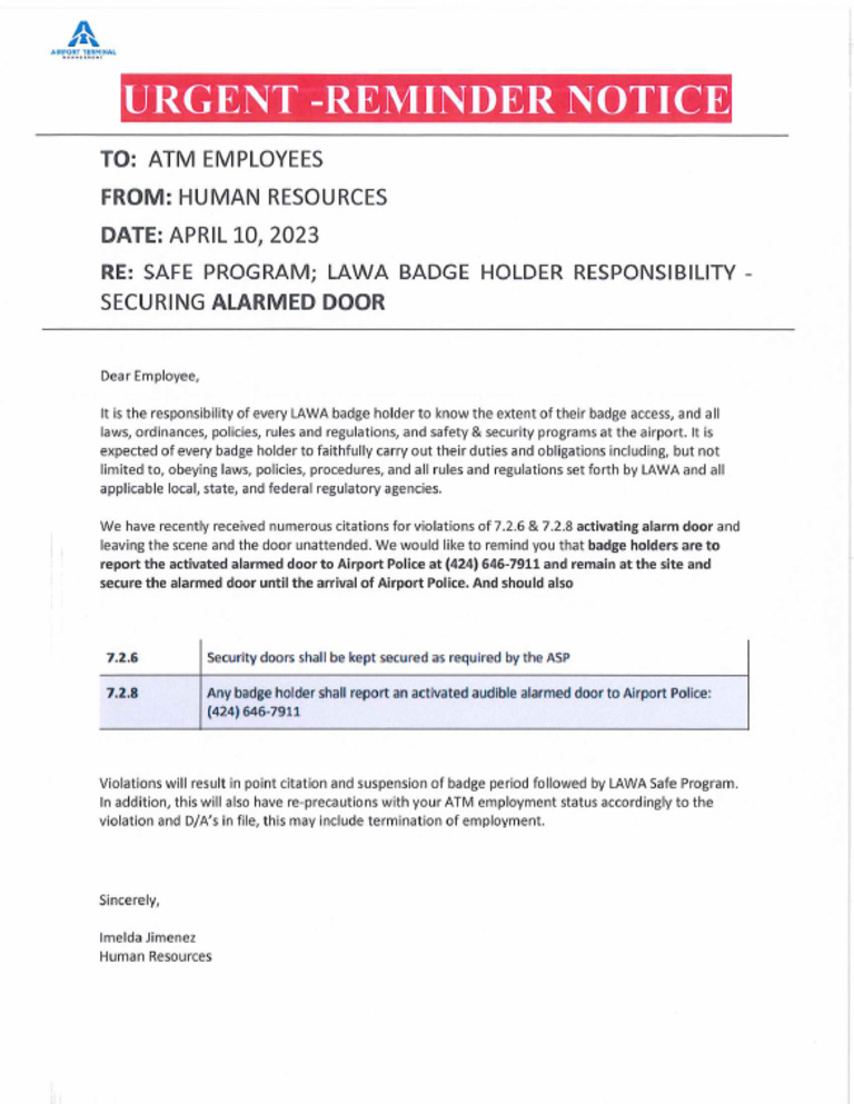 Memo - Securing Alarmed Door - LAWA Badge Holder Responsibility | PDF
