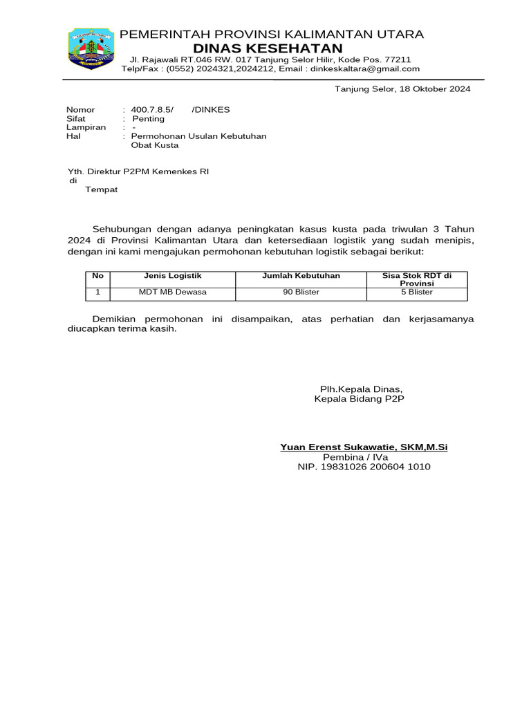 Surat Permintaan MDT Kusta Final | PDF