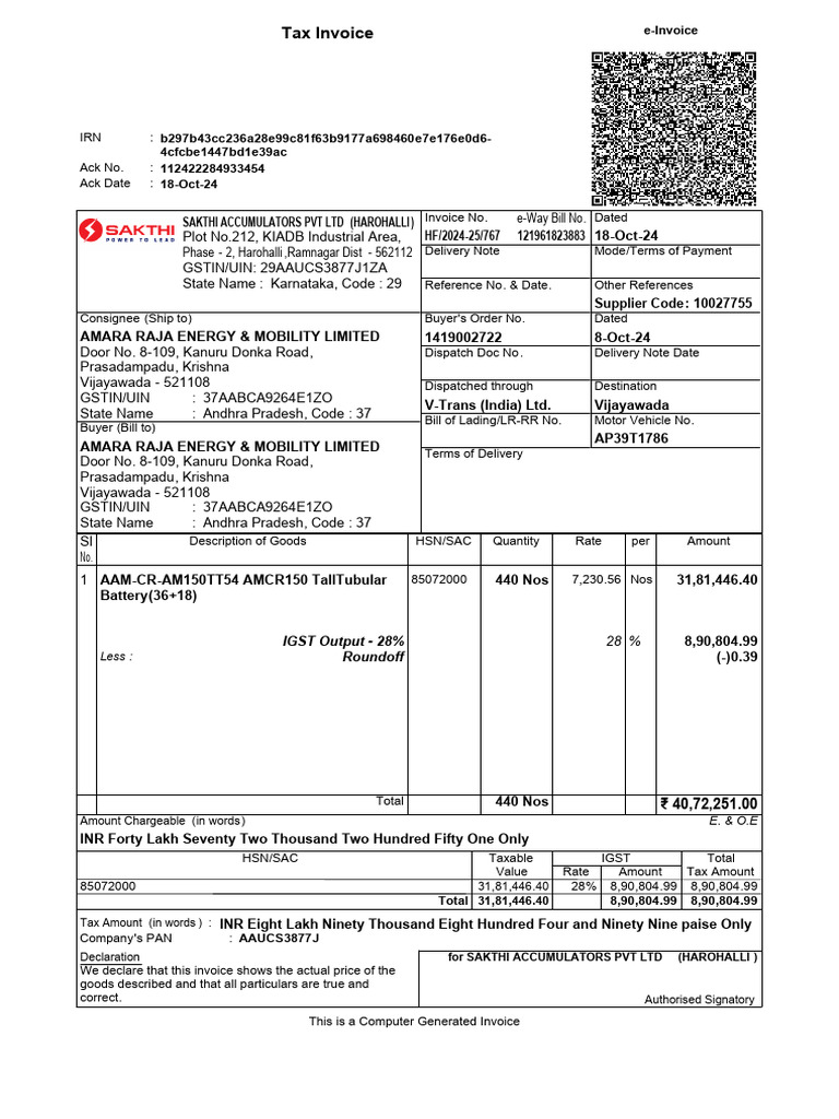 Invoice HF767 - Amara Raja, Vijayawada | PDF | Government Finances ...