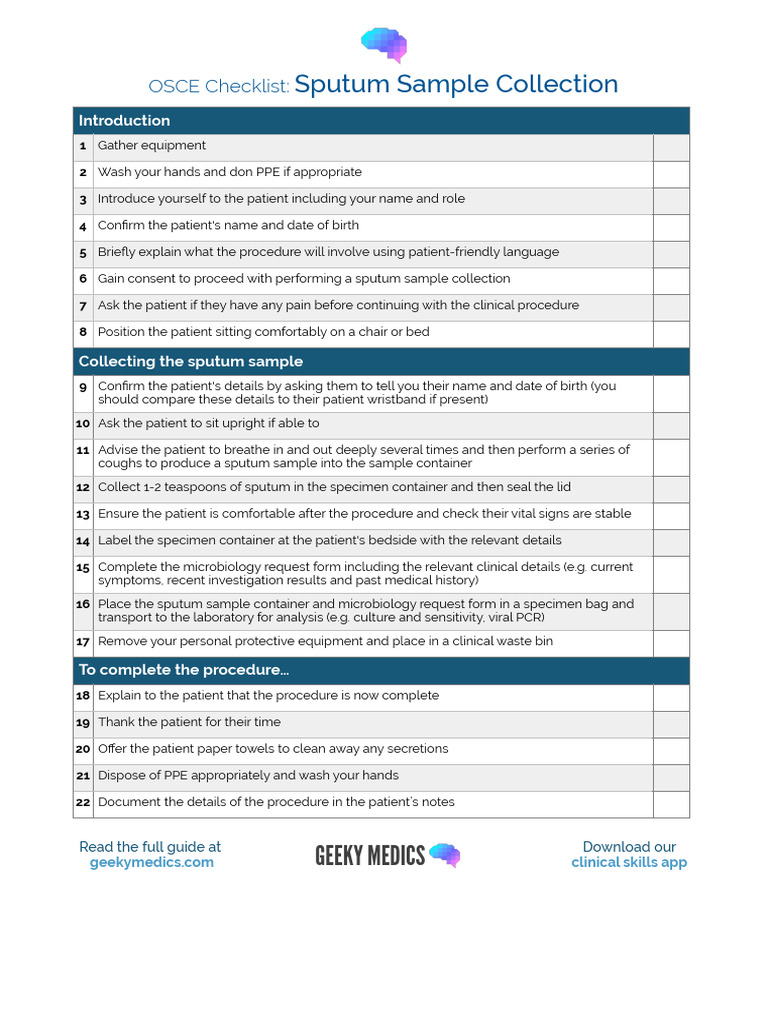 OSCE Checklist Sputum Sample Collection | PDF