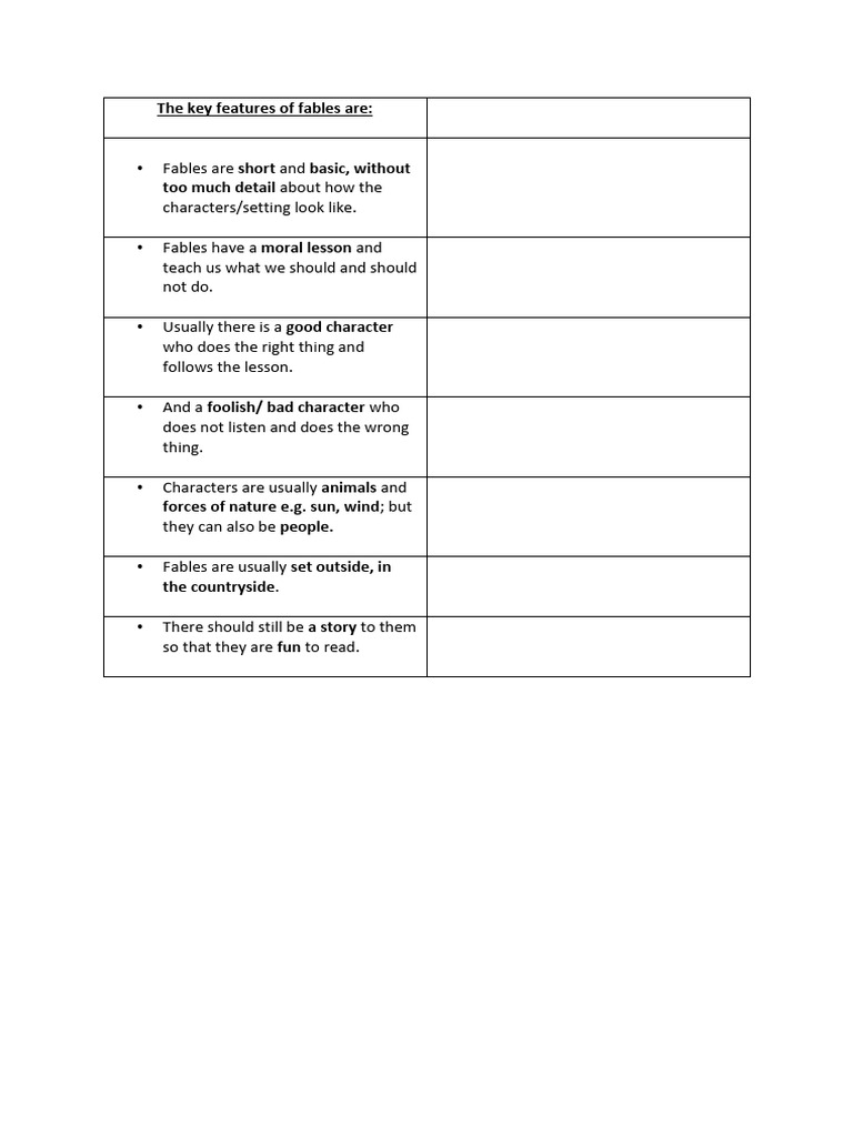 The Key Features of Fables. | PDF